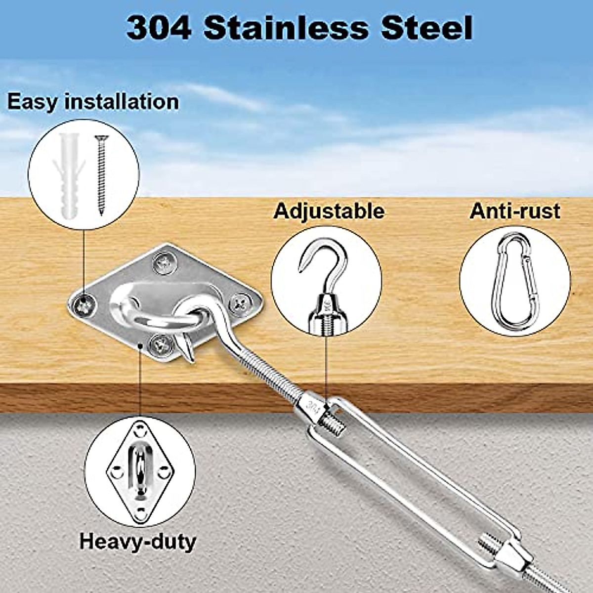 Shade Sail Hardware Kit, 6 inch Heavy Duty Awning Attachment Set for Garden Triangle and Square, Rectangle - 304 Stainless Steel Sun Shade Sail Fixing Hardware Accessories Kit