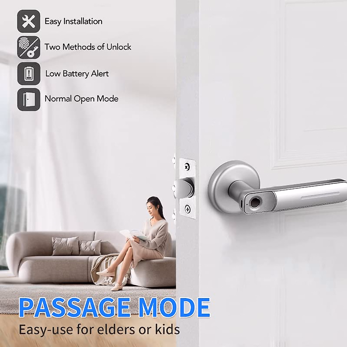 Yszbiay Fingerprint Door Lock Bedroom Door Lock Biometric Door Lock Keyless Electronic Door Knob with 30 Fingerprints Smart Lock for Home Storage Bedroom Office and Other Private Spaces（Silver）