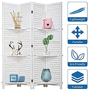 Tyyps 4 Panel 6 Ft Tall Wood Room Divider Folding Portable Privacy Wooden Screen Partition Wall Indoor/Outdoor Folding Screen w/Removable 3 Display Shelves Wooden Partitions for Home Office, White