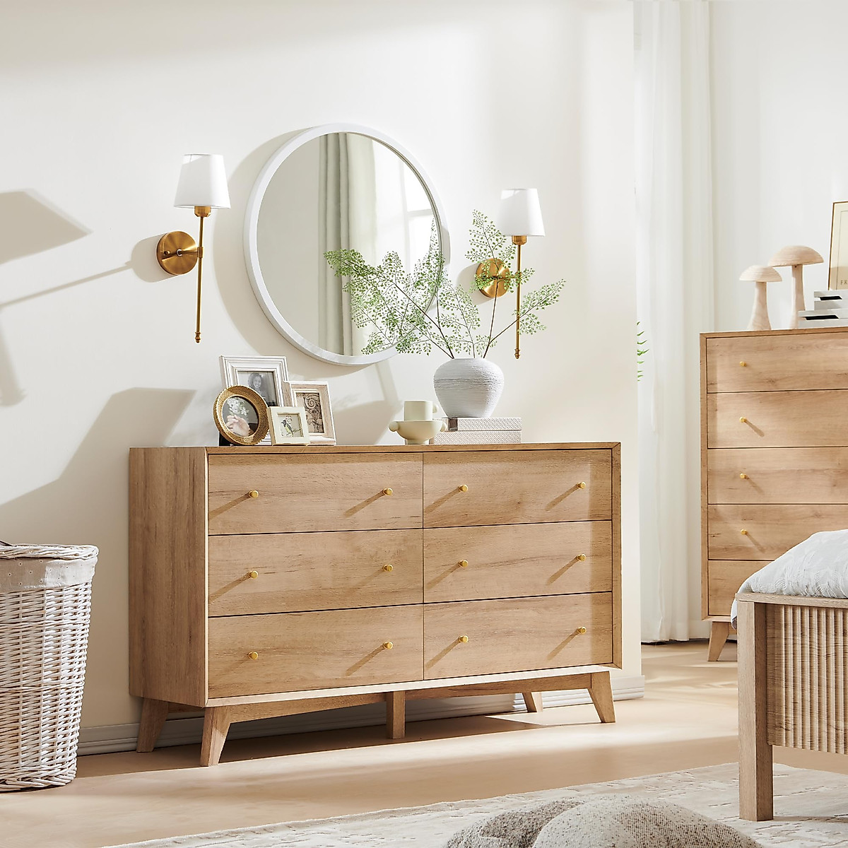 RedLemon 6 Drawer Dresser, 54" Wide Mid Century Modern Chest of Drawers, Beveled Profile Design, Wood Drawer Organizer for Bedroom, Living Room, Hallway, Natural Oak Color