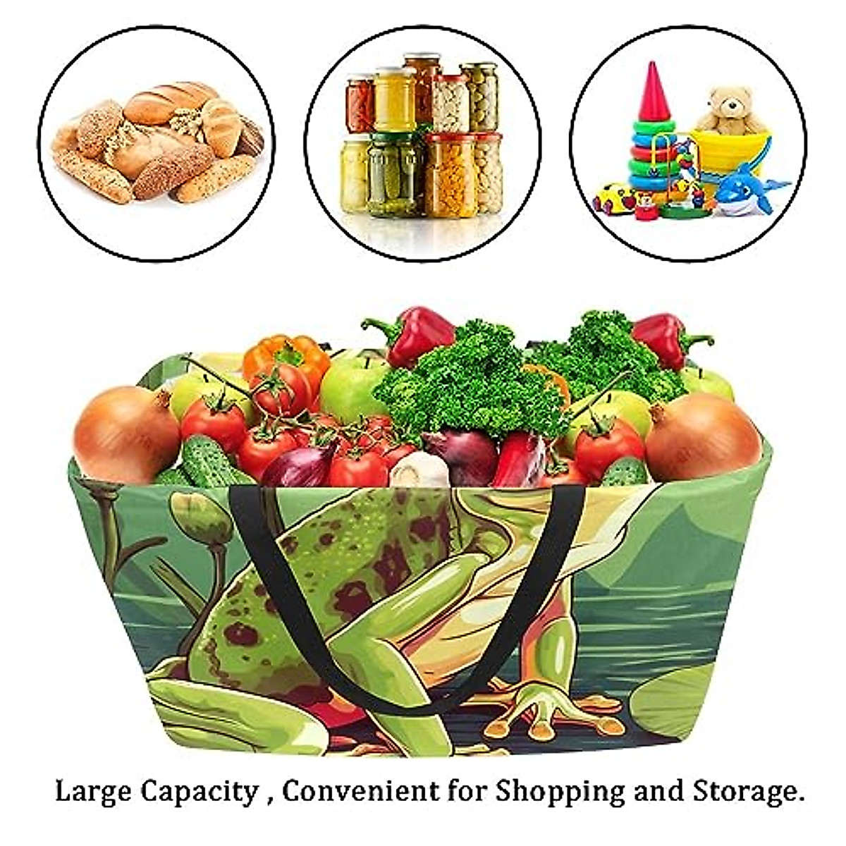 Reusable Grocery Bags Boxes Storage Basket, Red Eye Frog Pattern Collapsible Utility Tote Bags with Long Handle