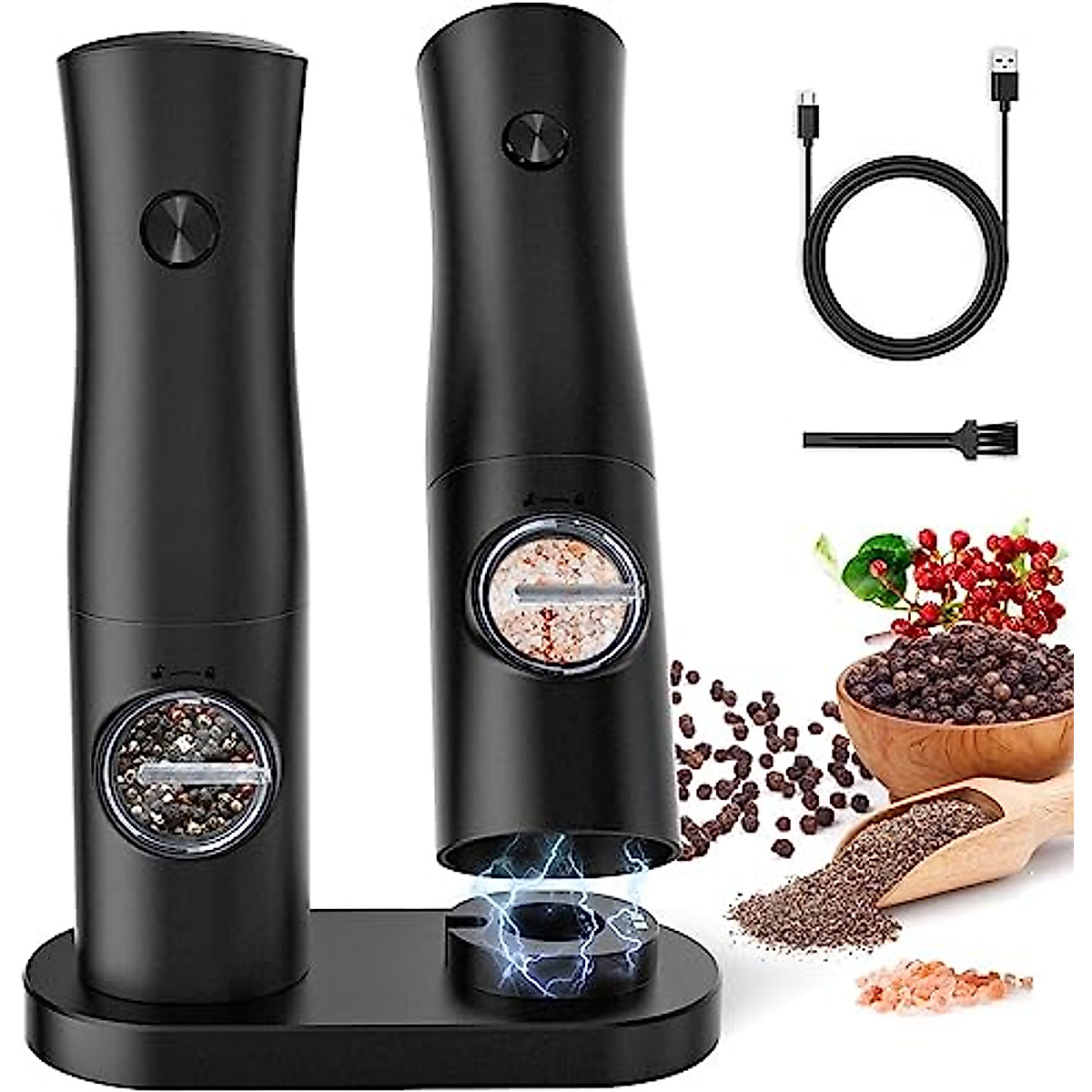TLCCV Electric Salt and Pepper Grinder Set Rechargeable Automatic Black Salt & Pepper Mill 2 Pcs with Charging Base, Type-C USB Cables, LED Lights, Adjustable Coarseness, One Hand Operation