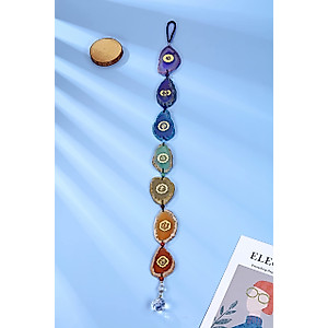 CrystalTears Chakra Crystal Hanging Ornament Reiki Healing Crystal Agate Slice Gemstone Wall Hanger Rainbow Crystal Suncatcher for Home Garden Decoration