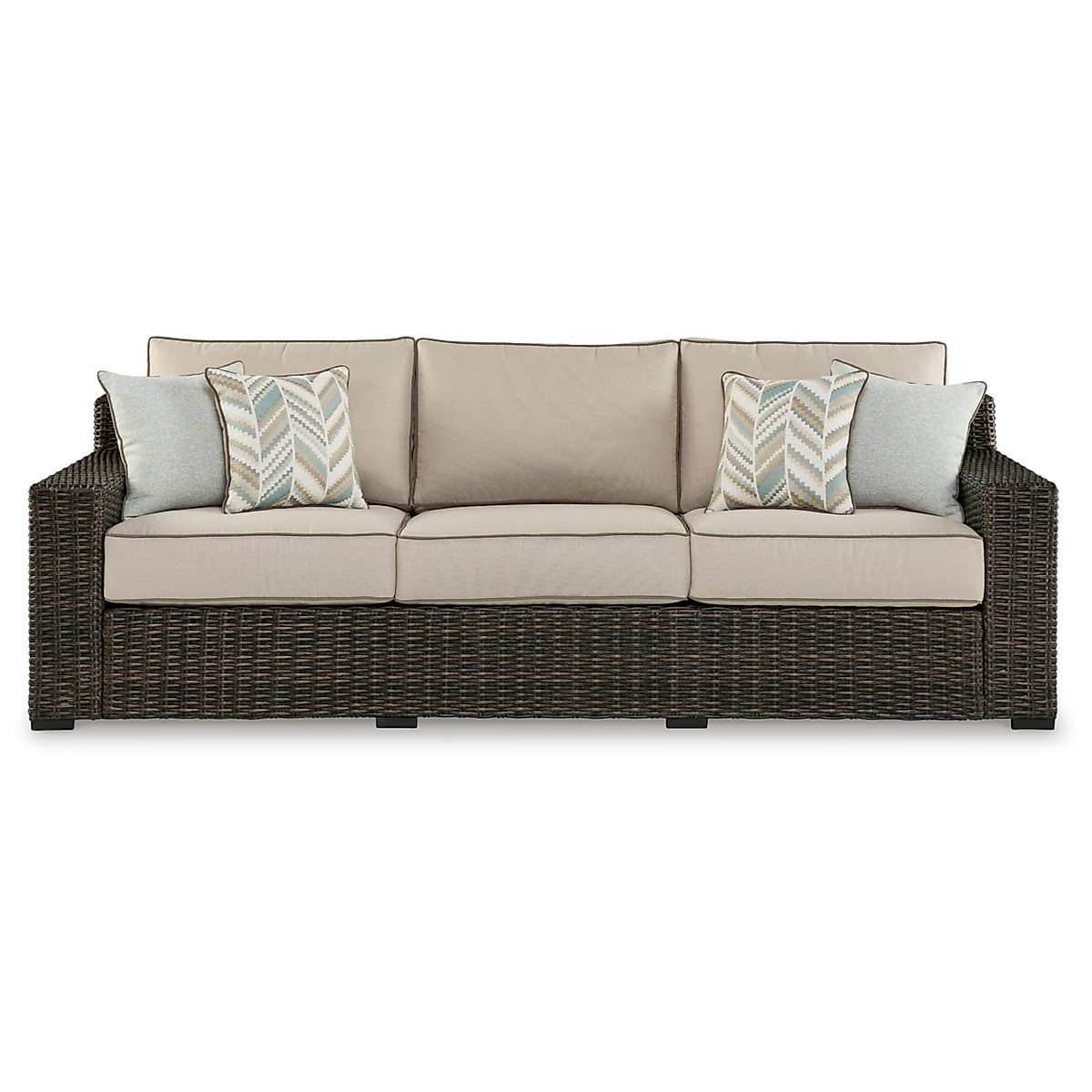 Signature Design by Ashley Coastline Bay Casual Weather Resistant Outdoor Sofa with Cushion and 4 Throw Pillows, Beige & Dark Brown