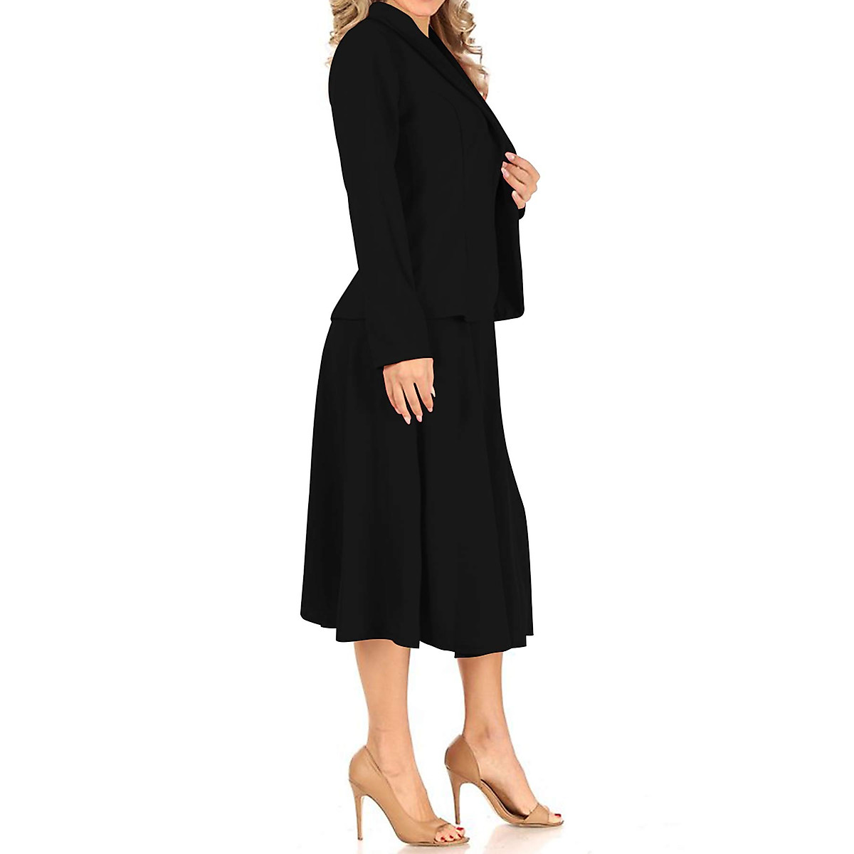 Two Piece Solid Long Sleeve Casual Blazer Relaxed A-Line Midi Skirt Black M