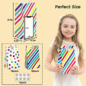 HONEYGIFTS 36PCS Party Favor Bags, Goodie Bags with Sealing Stickers, 4.7" x 3.1" x 8.7" Colorful Treat Bags Rainbow Stripe and Dots Candy Bags