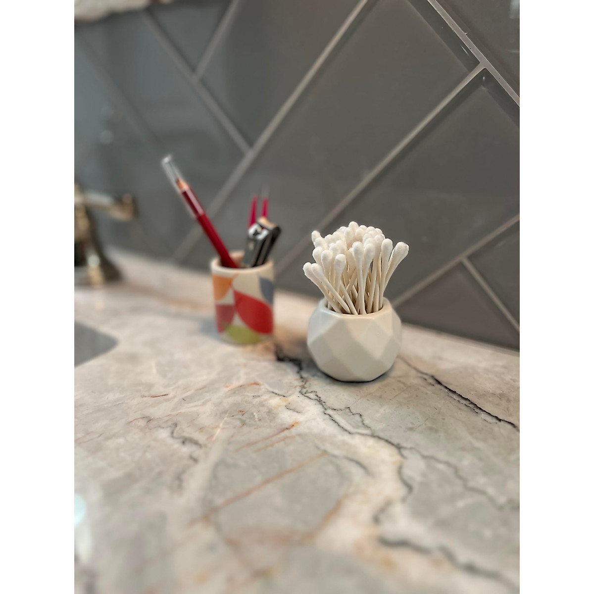 Home Haven Decorative Qtip Holder - Classic White Oval Design - Q Tip Holder for Bathroom, Floss Pick Holder, Flosser Holder, Q-tip Holder, Q Tips Holder, Qtips Holder, Adorable 2" Qtip Jar