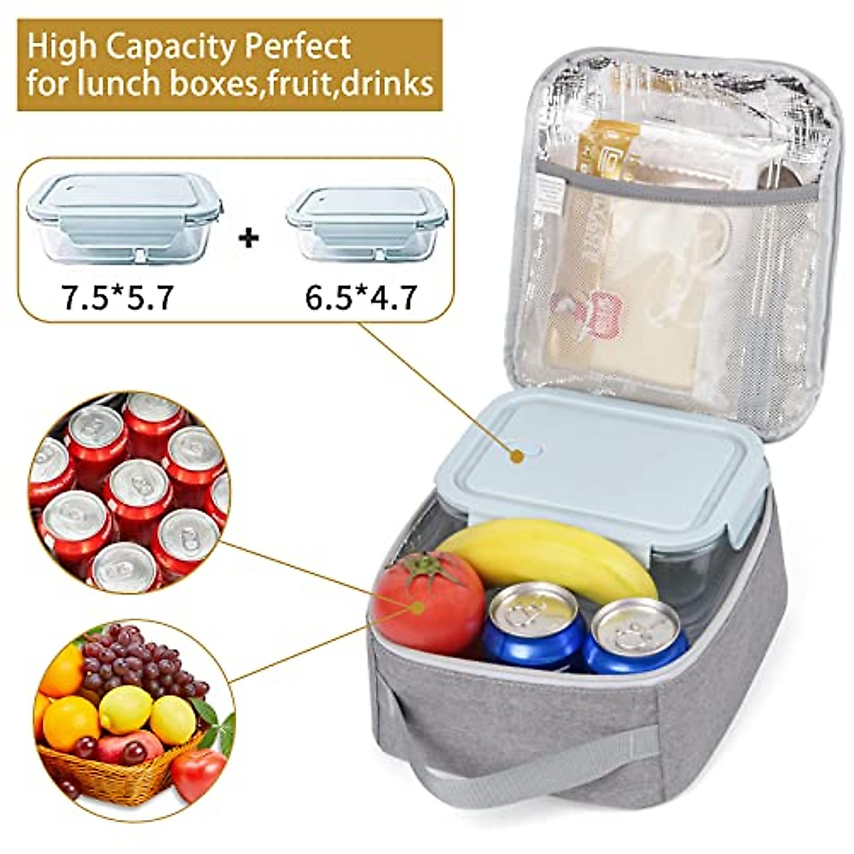 Insulated Lunch Bag for Women Men Work Lunch Pail Cooler, Reusable Thermal Soft Leakproof Lunch Box for Adult Office Lunch Tote Bag Fit Travel Picnic (Gray)