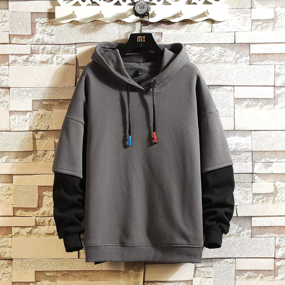 GURUNVANI Fashion Hoodies Men's Color Block Pullover O-Neck Hooded Sweatshirt Patchwork Large