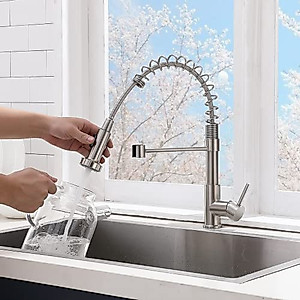 SHACO Commercial Brushed Nickel Kitchen Faucet with Pull Down Sprayer, Modern Stainless Steel Single Handle Spring Kitchen Faucets for Farmhouse Outdoor RV Camper Laundry Prep Wet Bar Sink 1 Hole