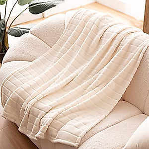 Bertte Plush Throw Blanket Super Soft Fuzzy Warm Blanket | 330 GSM Lightweight Fluffy Cozy Luxury Decorative Stripe Blanket for Bed Couch - 50"x 60", Ivory White
