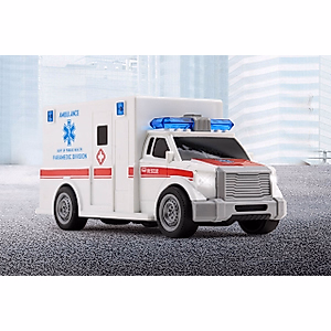 Vokodo Rescue Ambulance Friction Powered 1:20 Scale Toy Car with Lights and Sounds Durable Kids Medical Transport Emergency Vehicle Push and Go Pretend Play Van Great Gift for Children Boys Girls