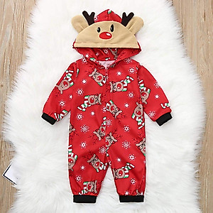 Matching Family Christmas Pajamas Sets Elk Antler Hooded Romper PJ's Zipper Jumpsuit Loungewear(Men,S)