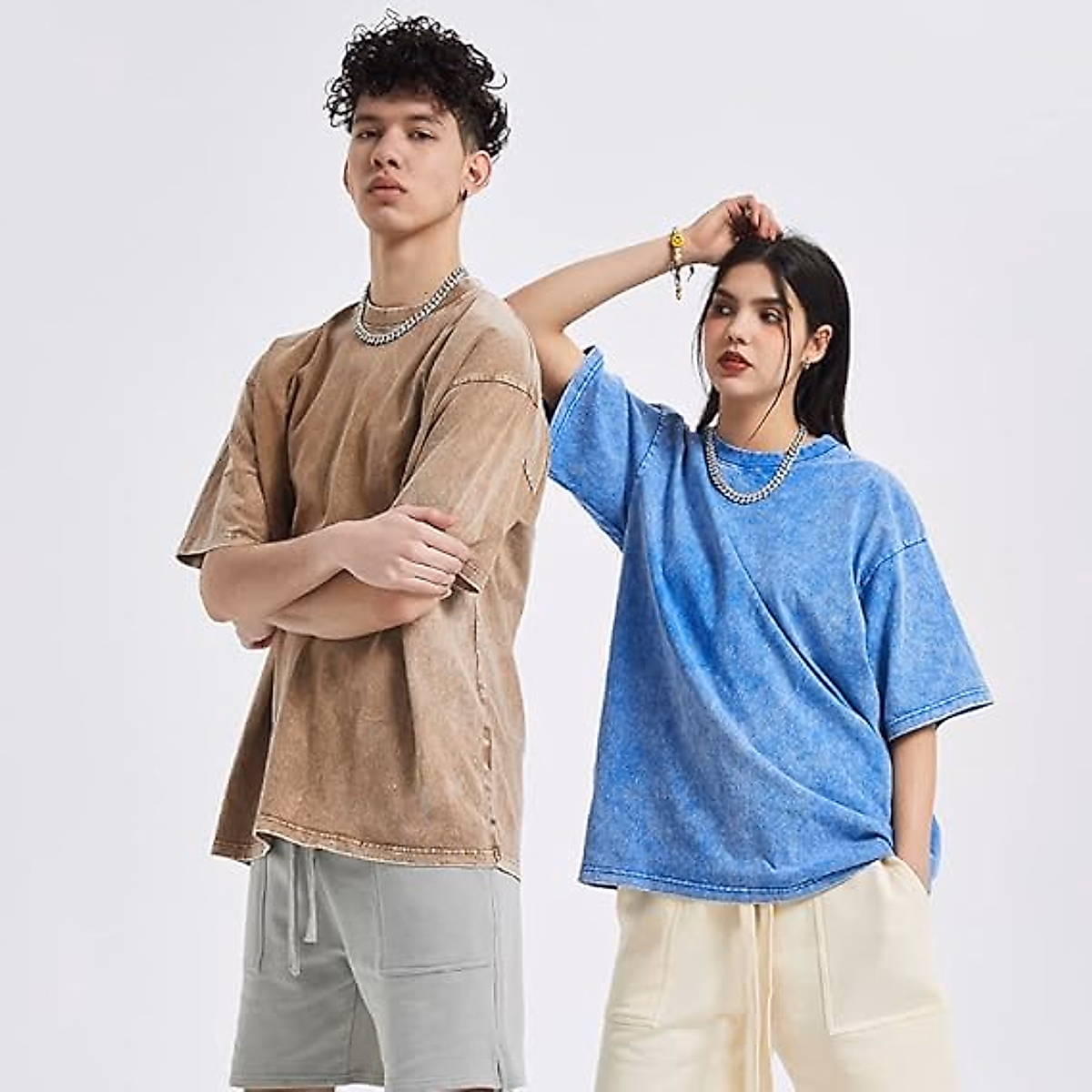 Vamtac Men's Cotton T-Shirts Oversized Half Short Sleeves Casual Loose Solid Streetwear Tee Tops Sand Small