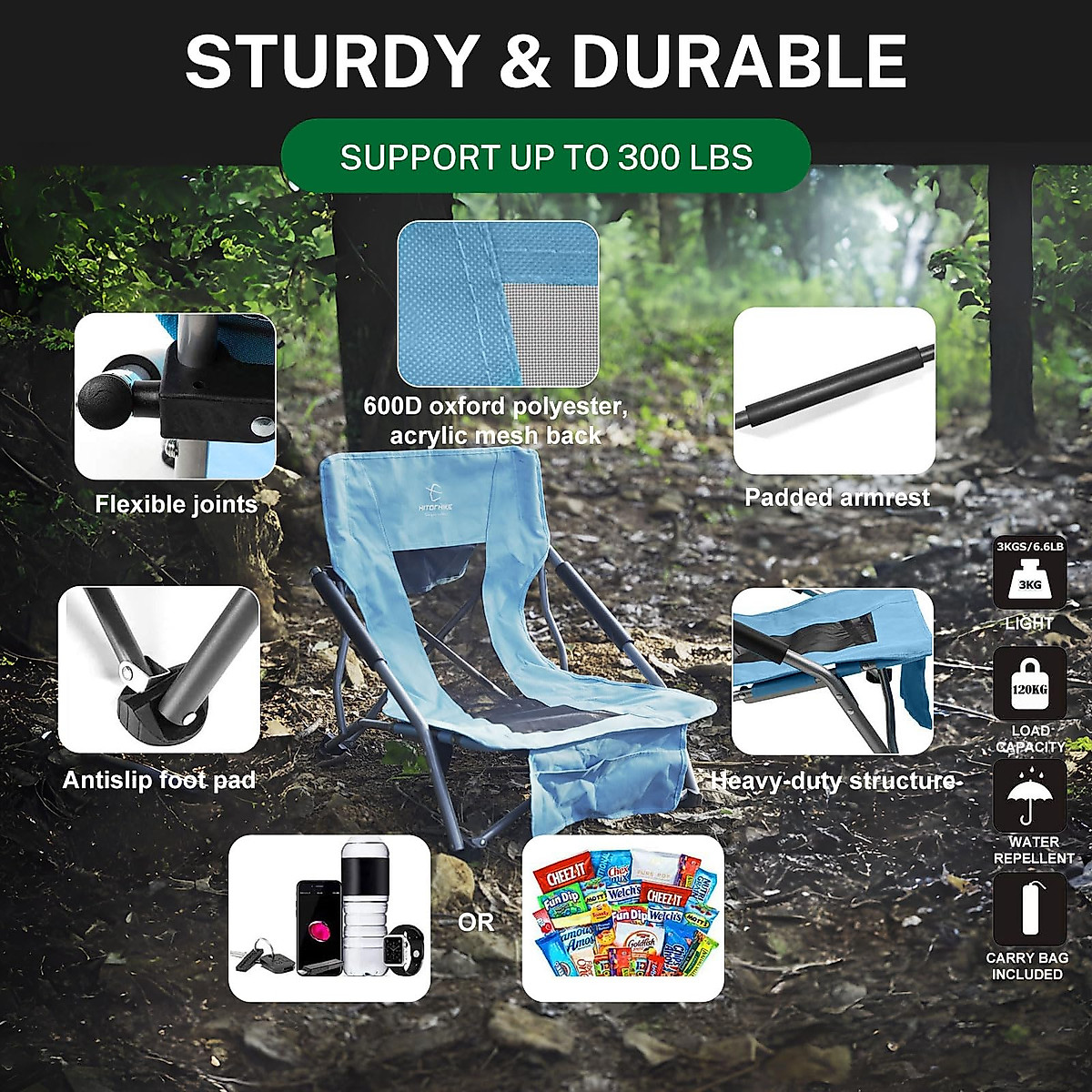 HITORHIKE Low Sling Beach Camping Concert Folding Chair with Armrests and Breathable Nylon Mesh Back Compact and Sturdy Chair(Blue,Normal)