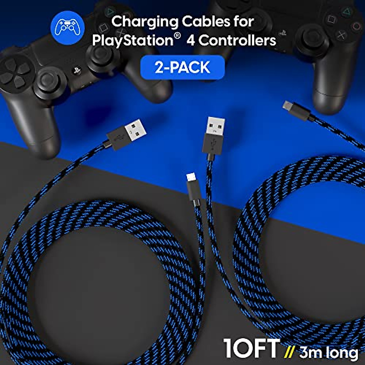 TALK WORKS Long Controller Charging Cable for Playstation 4-10-Foot Long Braided Micro USB Cord Charger Cord for PS4 Controller - Blue-Black, 2 Pack