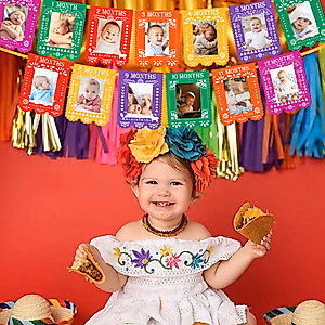 Kreatwow Mexican Photo Banner Fiesta Monthly Banner Papel Picado for 1st Birthday Party Decorations from Newborn to 12 Month
