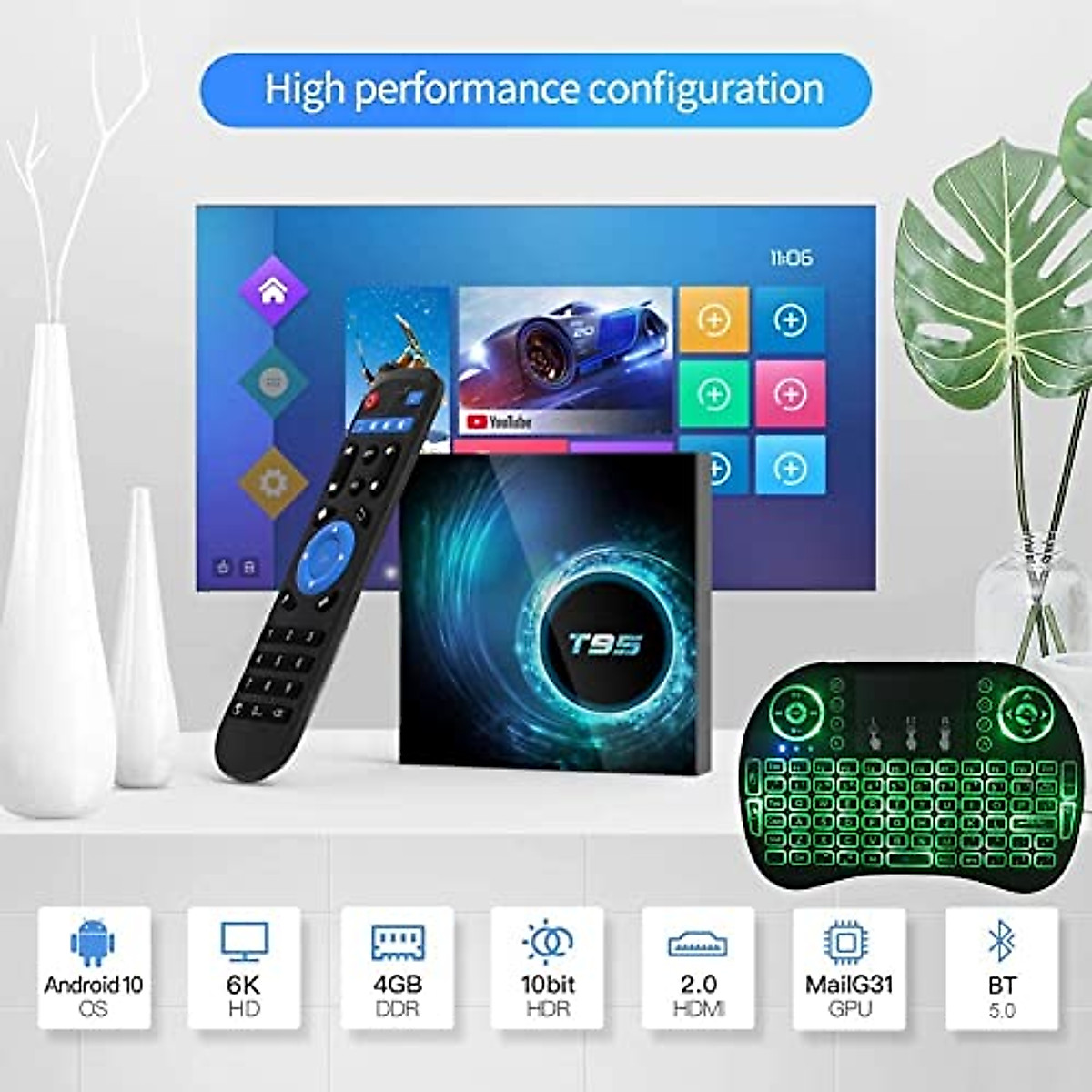 T95 Android TV Box 4GB RAM 128GB ROM- Streaming Media Players with Max Storage- Android Box 2023, H616 Quad-core 64bit, 2.4G/5.0G Dual WiFi, 6K Ultra HD, Bluetooth 5.0 & Wireless Backlit Mini Keyboard