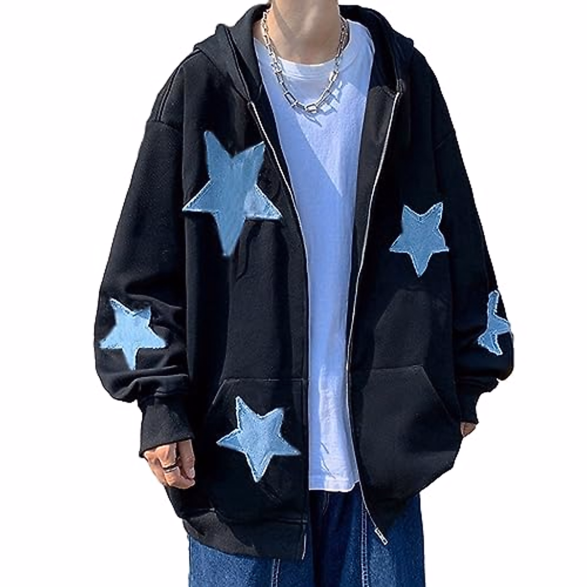 Fepege Star Hoodie Men Y4K Harajuku Grunge Jacket Casual Oversized Sweatershirt Cute Cardigan Alt Streetwear (Black, L)
