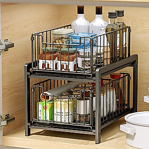 Under Sink Organizer, 2-Tier Cabinet Organizer for Kitchen Bathroom Countertop Organizer with Pull Out Basket Sliding Storage Drawer for Cupboard Cabinet (Black)
