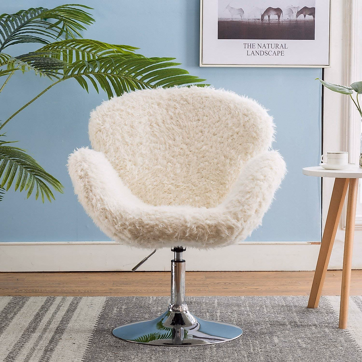 H&Y Hi&Yeah Comfy Faux Fur Cute Desk Chair no Wheels, Swivel Height Adjustable Home Office Chair, Accent Chairs for Living Room, Bedroom, Vanity Chair, Faux Lamb Fur, Ivory