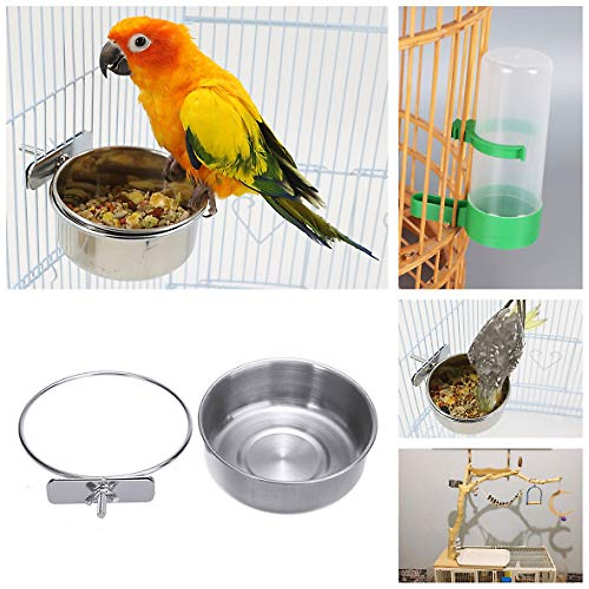 4 Pack Bird Parrot Food and Water Dish; 2 Stainless Steel Bird Parrot Food Feeding Cups and 2 Plastic Birds Water Feeder Water Dispenser Bottle for Chinchilla, Ferret, Cockatiel, Conure, Parakeet