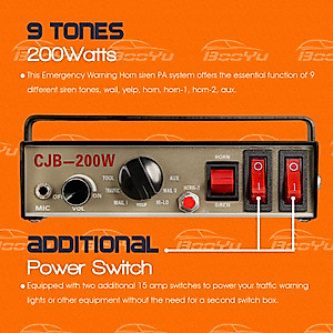 BooYu 12V 200W 9 Tones Police Warning Emergency Siren PA System [180° Design Speaker][125-135dB][Handheld Microphone][Hands-Free][2 x 10A Switches] for Firefighter Ambulance Vehicles Truck SUV ATV UTV