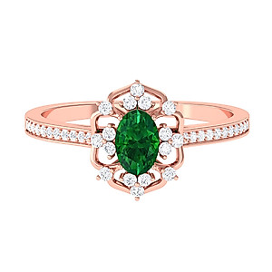 Created Emerald and Diamond Vintage Flower Engagement Ring | AAAA Quality, 14K Rose Gold, Size:US 10.50