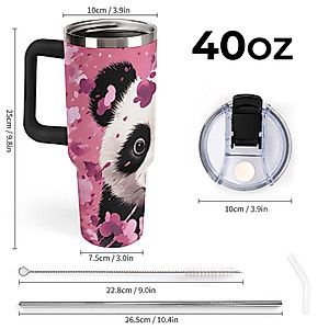 NVBSKKDH Pink Panda Cotton 40 Oz Stainless Steel Tumbler with Handle & Straw Double-Walled Vacuum Insulated Travel Mug for Hot/Cold Drinks, Reusable Thermal Cup for Car Cup Holder