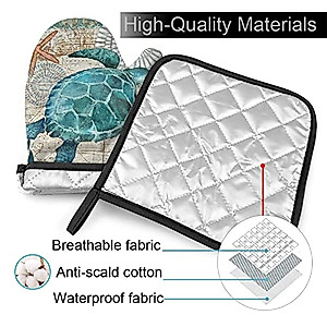 Blue Sea Turtle Nautical Map Area Oven Mitts Pot Holders Sets Heat Resistant Insulated 356°F/180℃ Non-Slip Waterproof Gloves Hot Pads Potholders for Kitchen Decorative Cooking Baking Grilling BBQ