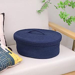GYASVWU Cotton Rope Storage Basket with Lid, Woven Rope Blanket Storage Basket,Nursery Storage Container,Toys Bins,Laundry Baskets for Living Room/Bedroom (Blue)
