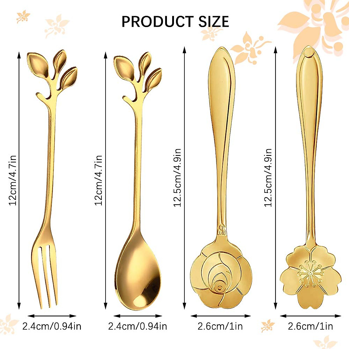 12PCS Leaf Flower Coffee Spoon Set, FULANDL Stainless Steel Tea Spoon Dessert Demitasse Espresso Spoons and Forks, Reusable Tableware Stirring Spoon Ice Cream Spoon for Coffee, Tea, Cake (Gold)
