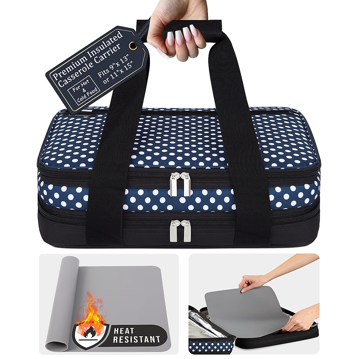 Premium Insulated Casserole Carrier with Heat-Resistant Mat for Hot or Cold Food – Fits 9”x13” or 11”x15” Baking Dishes, Lasagna Holder for Potlucks, Parties, Picnics, and Cookouts [Navy Polka Dot]