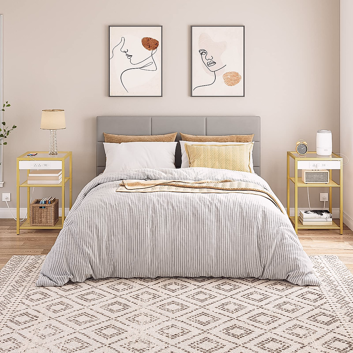 HOOBRO End Tables Set of 2 with Charging Station, Side Tables with USB Ports & Power Outlets, 3-Tier Slim Nightstands with Storage Shelves, Tempered Glass, for Living Room, Bedroom, Gold GD77UBZP201