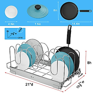 RITSU Slide Out Pan and Pot Lid Organizer for Cabinet, Kitchen Pull Out Pot Lid Rack Pantry Cutting Board Bakeware Cookware Holder - 11in. W x 21in. D - Chrome