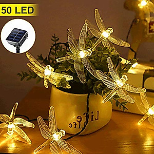 ASFSKY Solar Dragonfly Lights Outdoor 50 LED Dragonfly Lights Waterproof Decorative Lights String Dragonfly Yard Lights Solar Decorative Garden Warm White