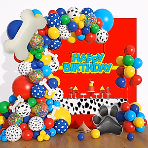Amandir 155pcs Paw Balloons Garland Arch Kit, Dog Bone Paw Print Foil Balloons Red Yellow Blue Green Paw Balloon for Puppy Paw Themed Boy Birthday Party Decorations Supplies