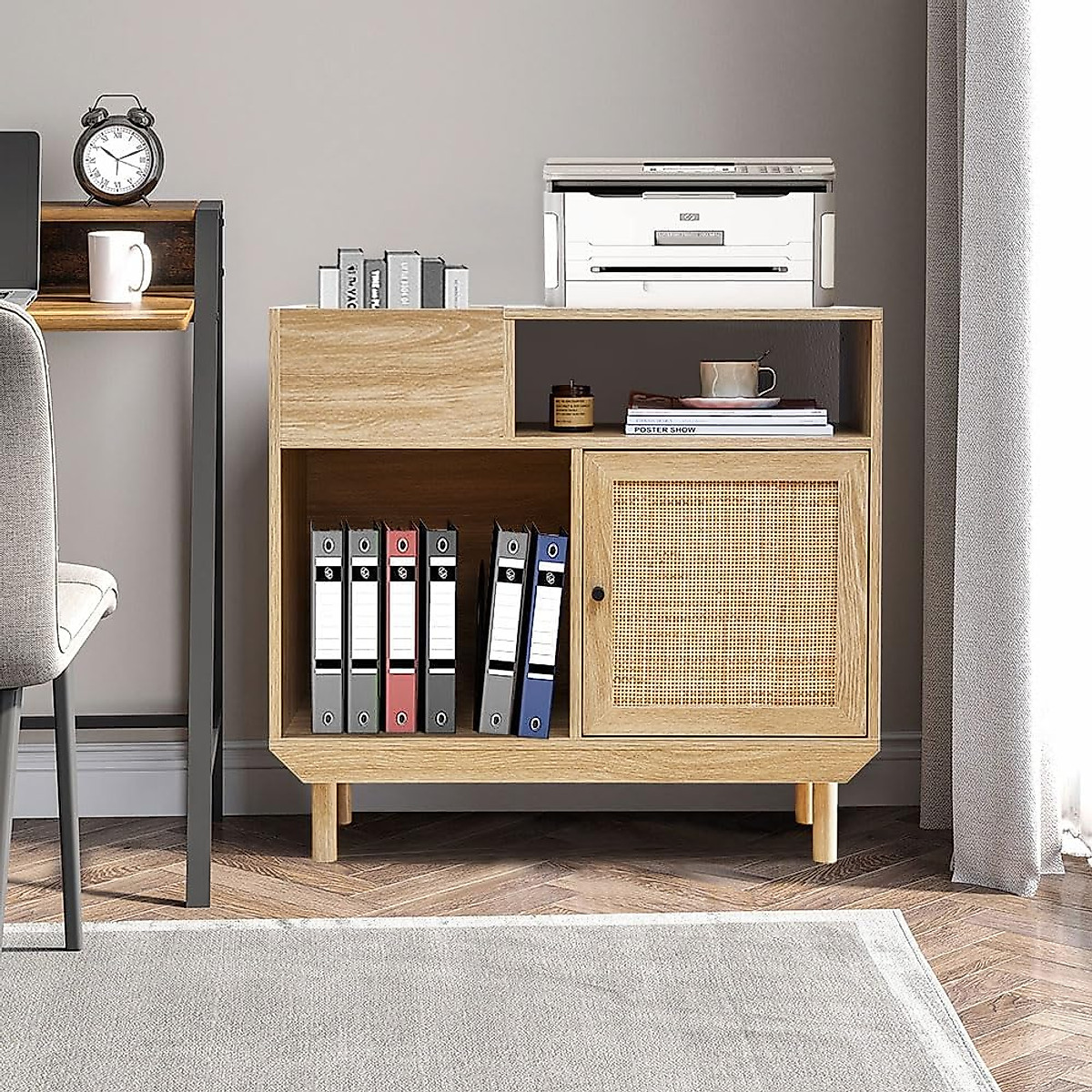 wirrytor Rattan File Cabinet, Wood Lateral Filing Cabinet with Door, Print Stand with Open Storage for Home Office Small Space, Natural