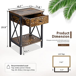 Vongrasig Nightstand with Wooden Drawer and Storage Shelf, Narrow Side Table for Small Spaces with Industrial Steel Frame, Modern Bedside End Tables with Drawer for Bedroom, Living Room, Rustic Brown