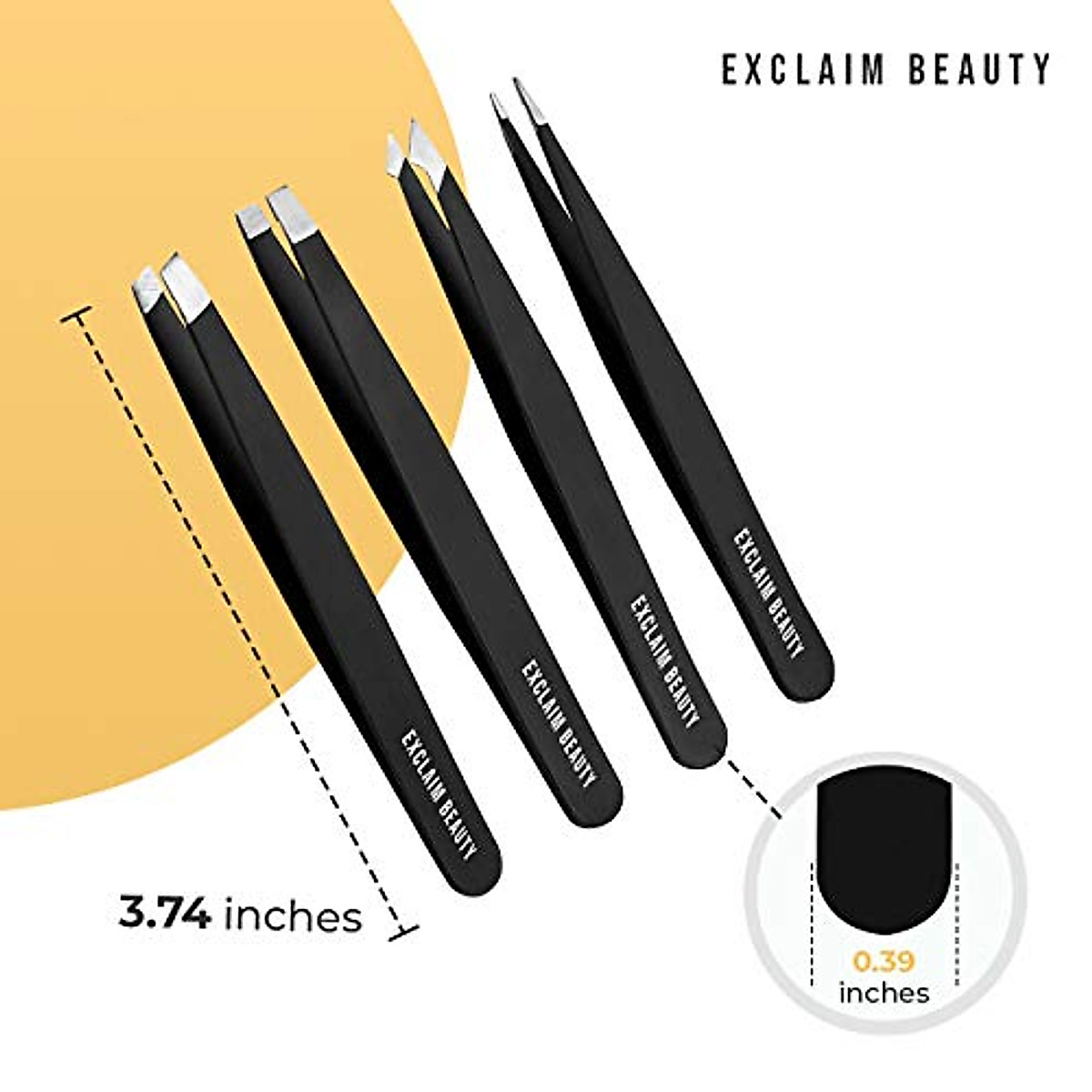EXCLAIM BEAUTY Tweezers for Women & Men Pack of 4 Stainless Steel Tweezers Set, Precision Tweezers for Eyebrows Splinter Ingrown Hair Removal Tweezers Kit for Women with Leather Case – Matte Black