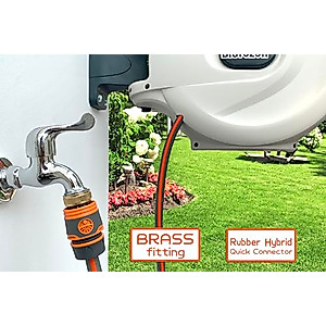 Blütezeit Retractable Garden Hose Reel, 1/2'' x 65FT+6FT Wall Mount Water Hose Reel, 8 Function Hose Nozzle, Any Length Lock, 180° Swivel Bracket, Automatic Slow Rewind System