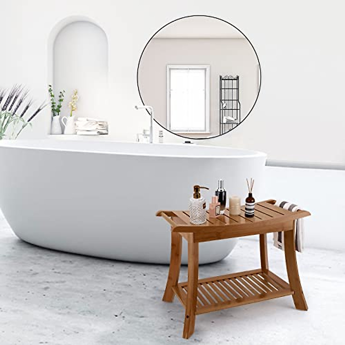 VVW Bamboo Shower Bench & Stool with Storage Shelf, Bath Benches for Inside Shower, Bathroom Stools 2-Tier Spa Seat for Adults Elderly (Walnut)