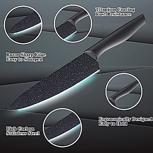 Marco Almond Kitchen Knife Set, KYA39 12-Piece Chef Knife Sets, 6 Knives with 6 Blade Guards, Stainless Steel Knives Set for Kitchen with Covers, Black