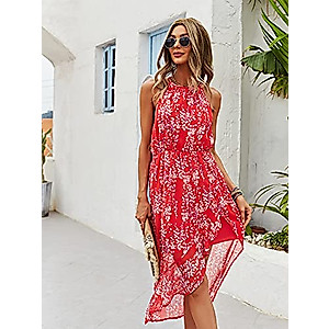 ECOWISH Womens Casual Halter Dress High Low Sleeveless Floral Long Maxi Chiffon Sundress 169 Red Medium