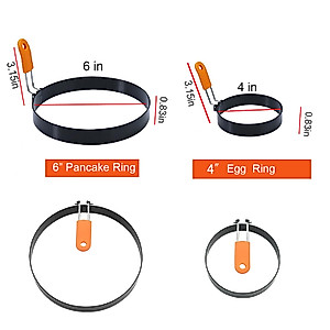 6" Pancake Ring 4" Egg Ring for Griddle,Non-Stick Stainless Steel 6 Inch Pancake 4 Inch Egg Ring for Frying Egg Crumpet Ring Muffin Ring with Silicone Handle（2X 6" Pancake Ring + 2X 4" Egg Ring）