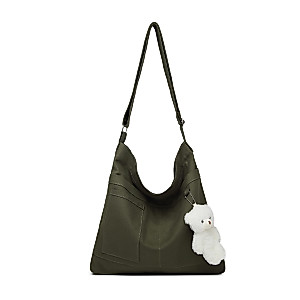 Covelin Womens Canvas Bag with Bear Pendant Crossbody Purse Top Zip Shoulder Handbag Army Green