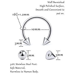 Ovxznts 16G Surgical Steel Septum Rings Nose Septum Horseshoe Hoop Lip Smiley Piercing Jewelry Eyebrow Ring Daith Earrings Replacement Ball and Spikes Set