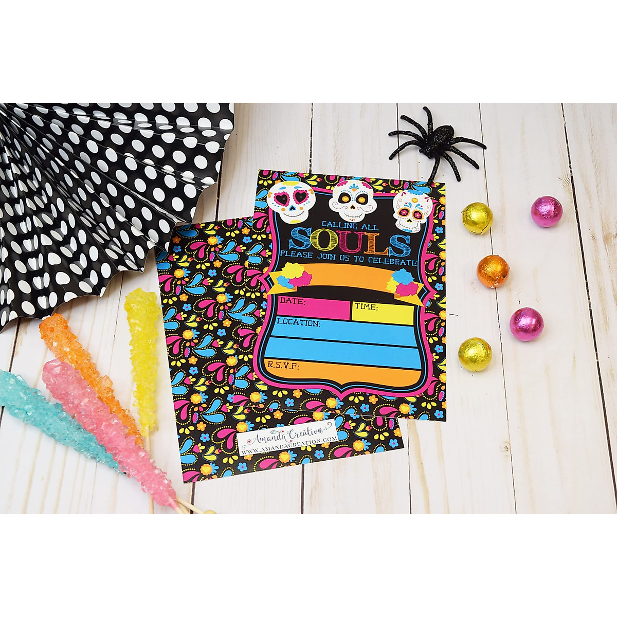 Sugar Skull Day Of The Dead, Dia De Los Muertos, Colorful Halloween Birthday Party Invitations, 20 5x7 Fill In Cards with Twenty White Envelopes by AmandaCreation