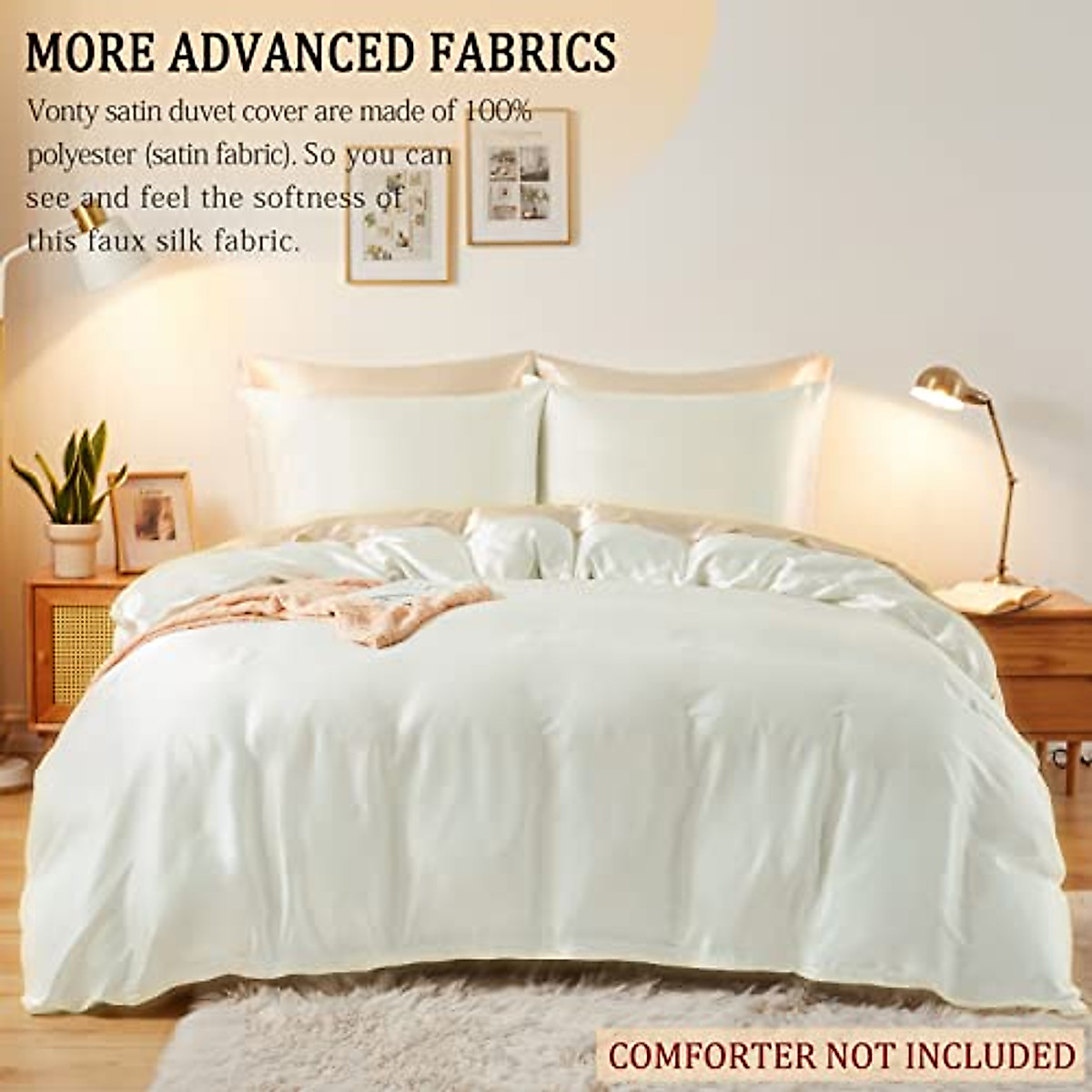 Vonty 3-Piece Silky Satin Duvet Cover Set Full/Queen Size Duvet Cover, Organic Natural 400TC Ivory White Duvet Cover Set - Luxury & Sexy Bedding Duvet Covers with Zipper Closure(No Comforter)