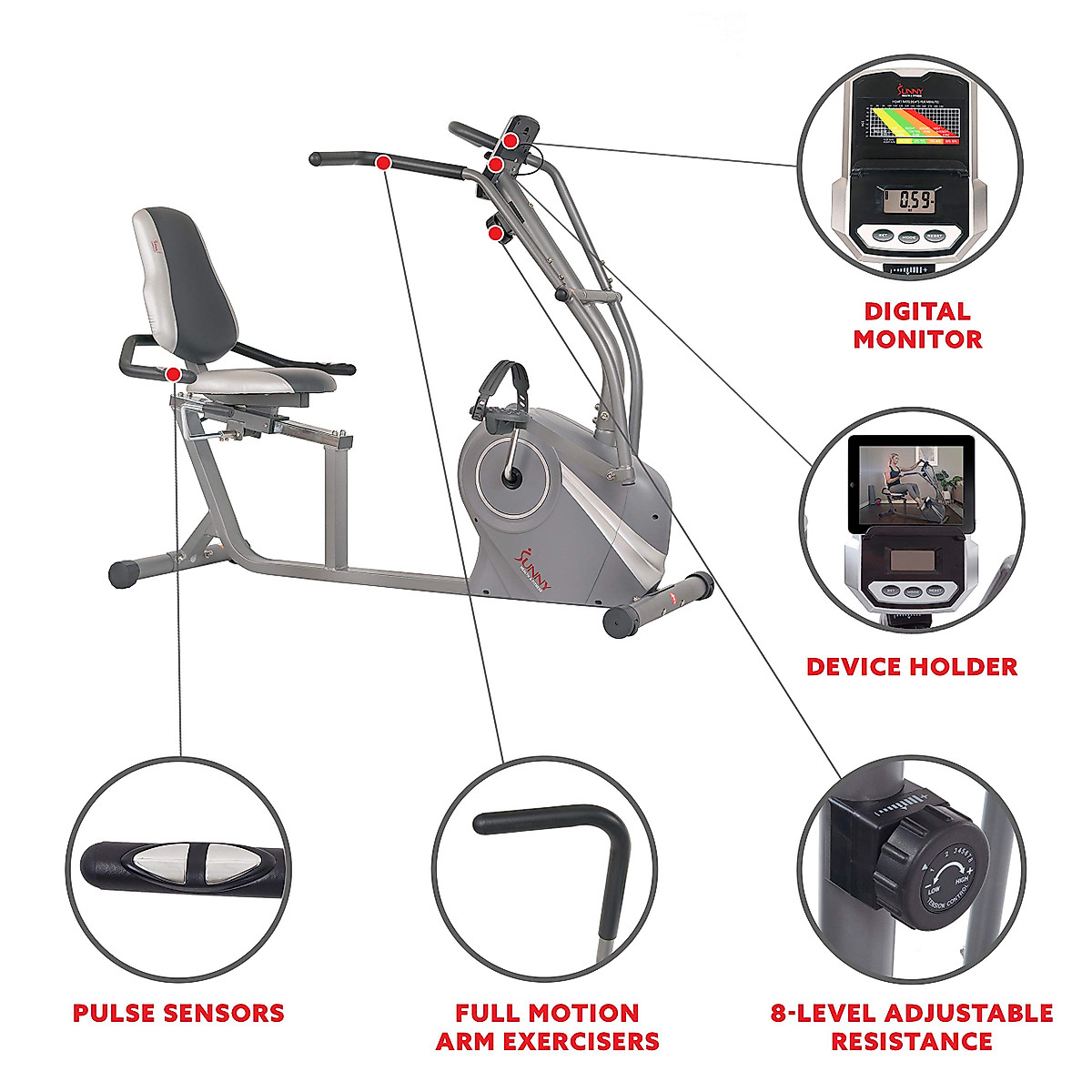 Sunny Health & Fitness Cross Trainer Magnetic Recumbent Bike with Arm Exercisers - SF-RB4936, Silver